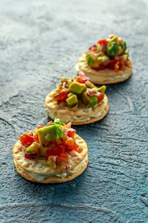 Salsa Canape Cracker Appetizers with Soft Cheese Stock Photo - Image of ...