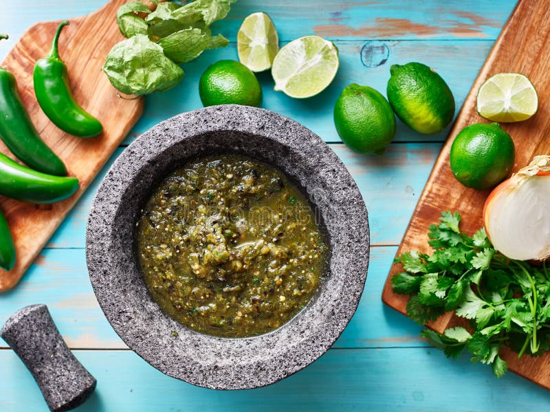 Salsa Verde in Stone Molcajete Flat Lay Composition Stock Photo - Image ...