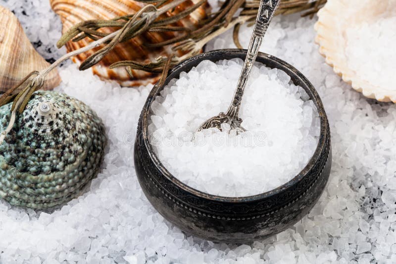 Salt Cellar with Spoon, Shells and Coarse Sea Salt Stock Photo - Image ...