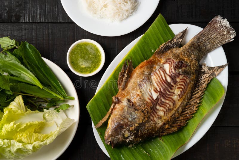 Salt-crusted Grilled Tilapia Fish Pla Pao Kluer.Top View Stock Image ...