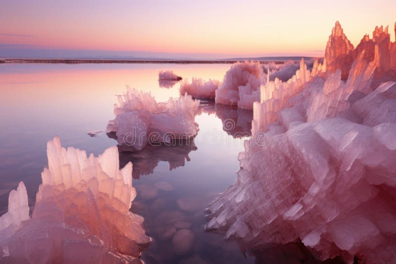 Salt Crystals Forming on the Edge of a Lake, with a Soft Sunrise Light ...