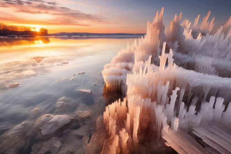 Salt Crystals Forming on the Edge of a Lake, with a Soft Sunrise Light ...