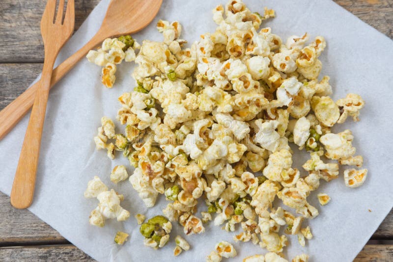 Salt and Green Tea Popcorn on Wooden Table Stock Image - Image of diet ...