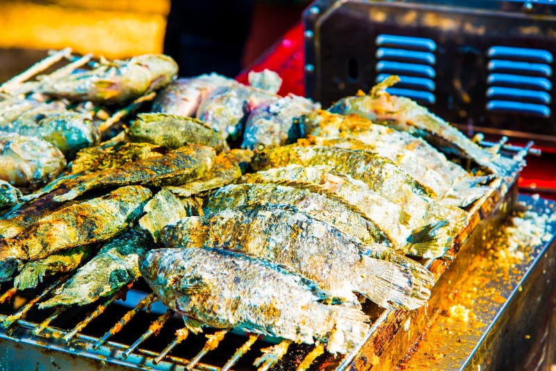 Salt Grilled Fish on Sale Stand Stock Photo - Image of cooking, cookout ...