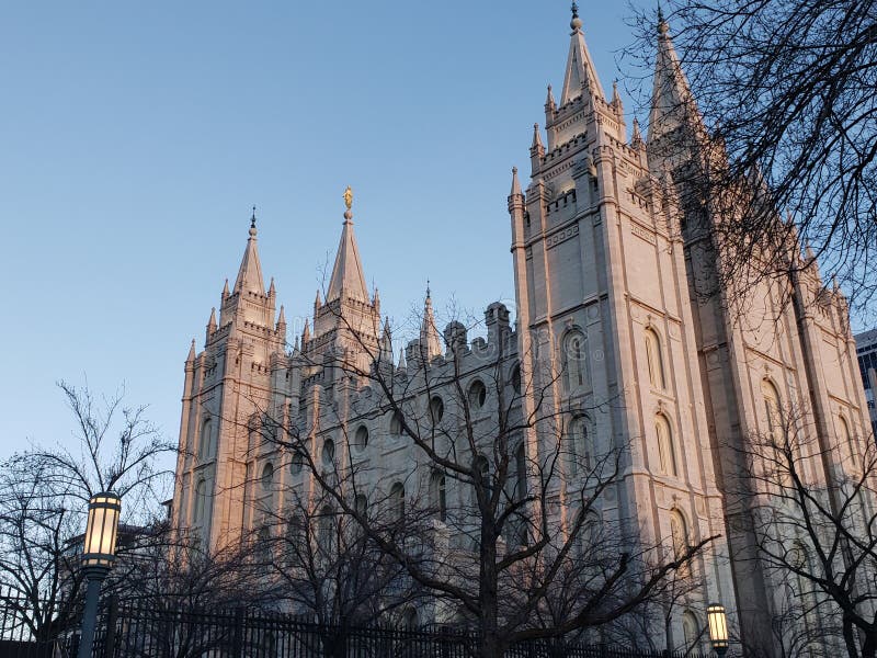 Salt lake temple sunset stock photo. Image of temple - 152738146