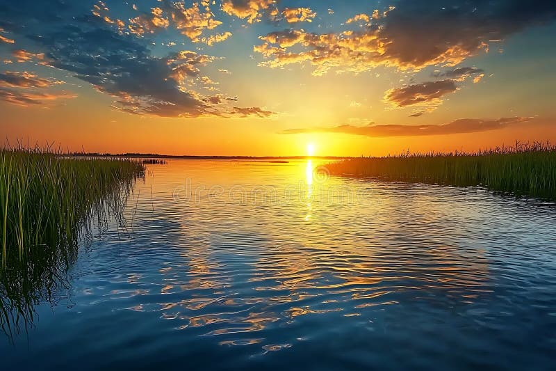 A Salt Marsh with Green Grasses, Wading Birds, and Golden Reflections ...