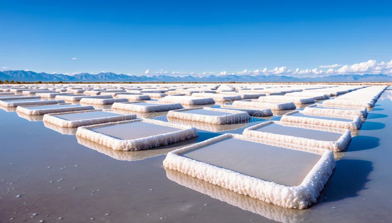 Salt Pan with Square Salt Blocks Lined Up in Rows Reflecting in the ...