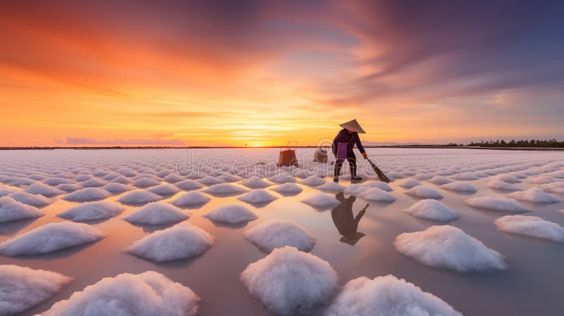 Salt Pans at Dusk: Landscape with Workers in the Frame Stock ...