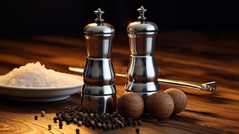 Salt and Pepper Mill with Ingredients Around on Wooden Table ...