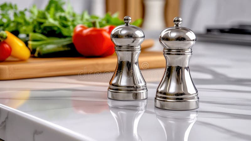 A Salt and Pepper Shakers Sitting on a Counter Next To Vegetables, AI ...