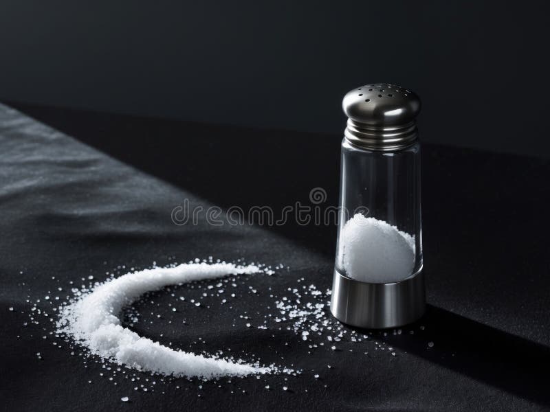 A Salt Shaker with Salt Spilled Creating a Crescent Moon Shape, Dark ...