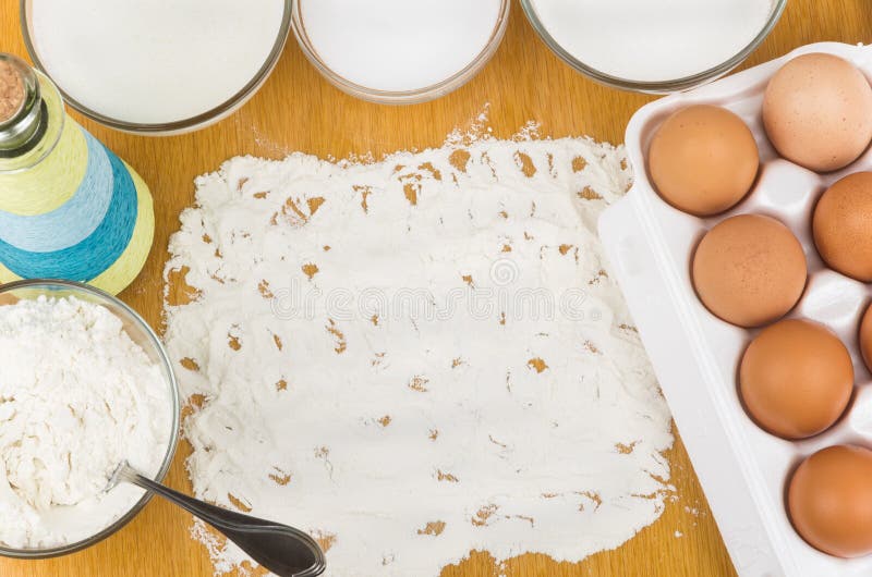 Salt, Sugar, Oil Bottle and Flour Stock Photo - Image of food, table ...