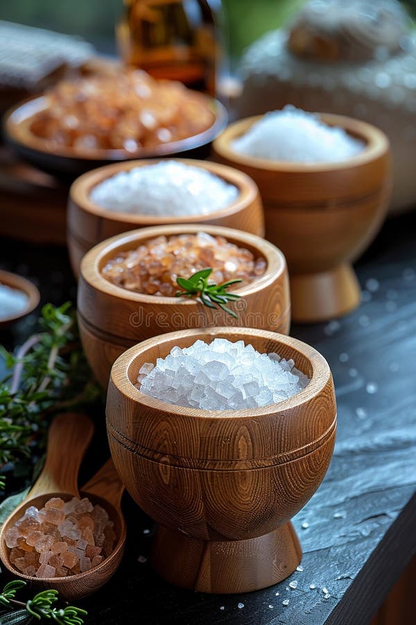 Salt in Wooden Bowls on Table Stock Photo - Image of herb, seasoning ...