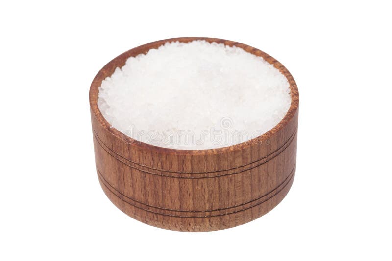 Salt in a Wooden Cup, Over White Background Stock Image - Image of high ...