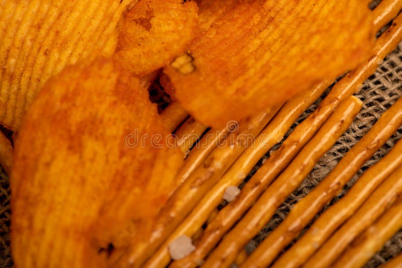 Salted Bread Strips and Potato Chips in Bulk Stock Photo - Image of ...