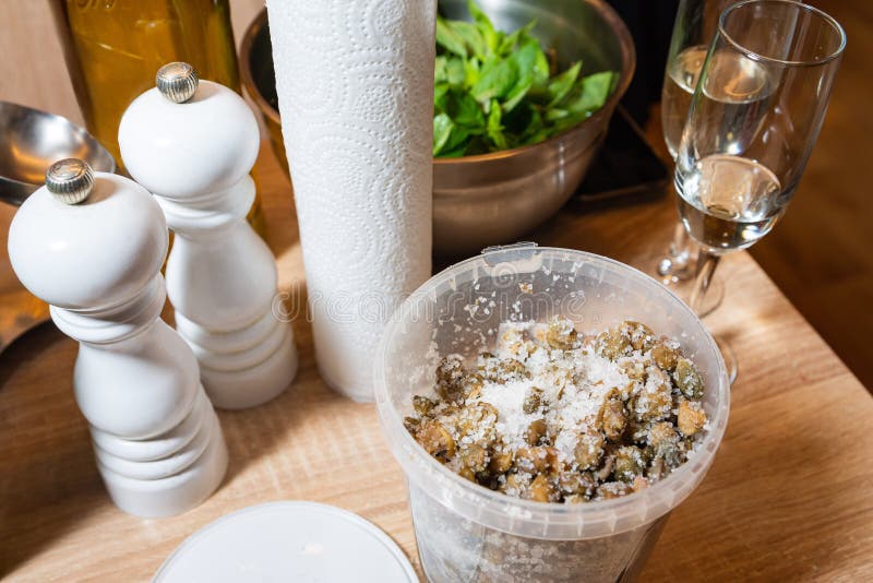 Salted Capers in Kitchen Prep Setup Stock Image - Image of condiments ...