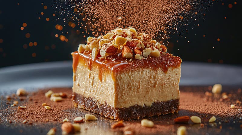 Salted Caramel Cheesecake with Nuts and Cocoa Powder Stock Photo ...