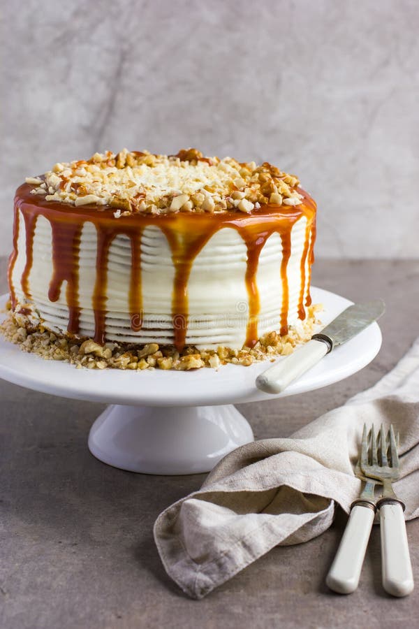 Salted Caramel and Nuts Cake Stock Photo - Image of biscuit, dessert ...