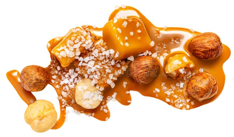 Salted Caramel with Sauce Flowing on Caramel Candy Isolated on White ...