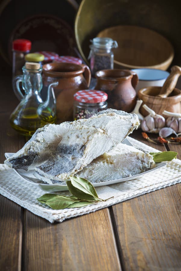 Salted Cod Cut on the Table of the Kitchen Stock Image - Image of ...