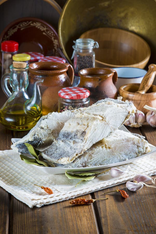 Salted Cod Cut on the Table of the Kitchen Stock Image - Image of ...