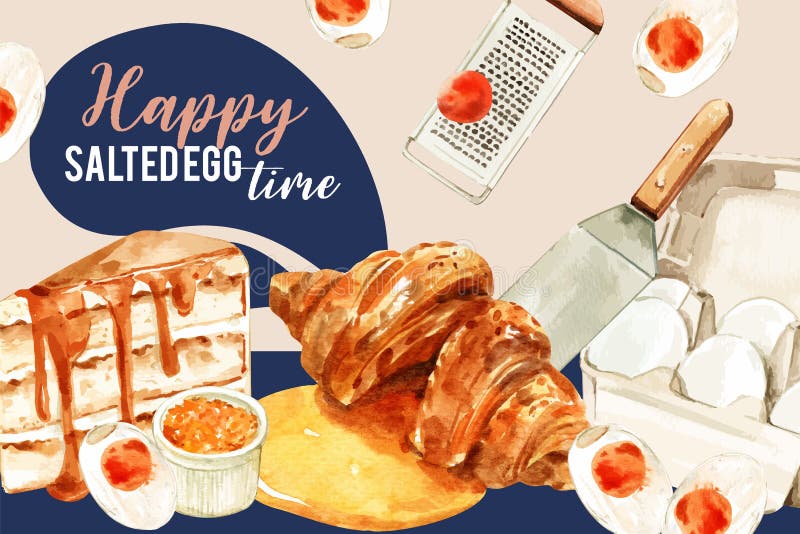 Salted Egg Frame Design with Croissant, Cake Watercolor Illustration ...