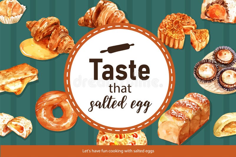 Salted Egg Frame Design with Croissant, Cupcake Watercolor Illustration ...