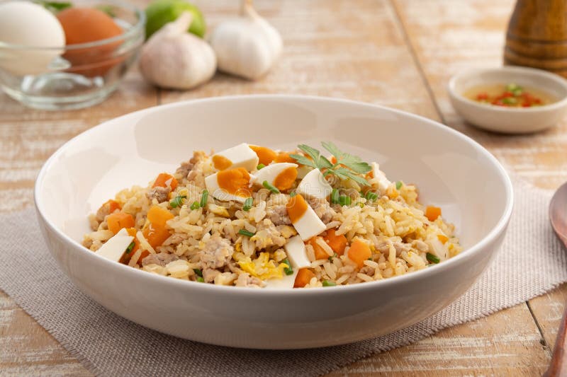 Salted Eggs Fried Rice,stir Fry Egg with Cooked Rice Minced Pork and ...