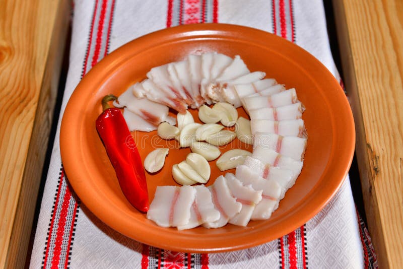 Salted Fresh Lard (salo) and Marinated Red Paper Stock Photo - Image of ...