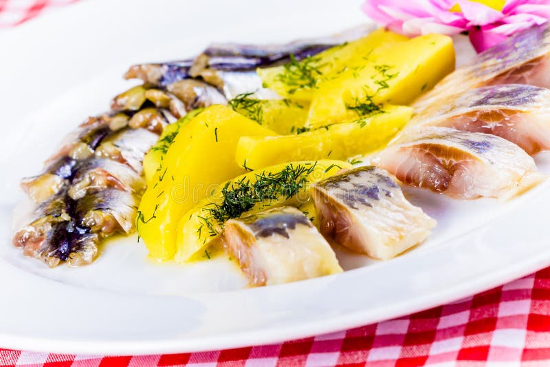 Herring, Boiled Potato, Toasted Bread, Pickles, Onion on Wooden Board ...