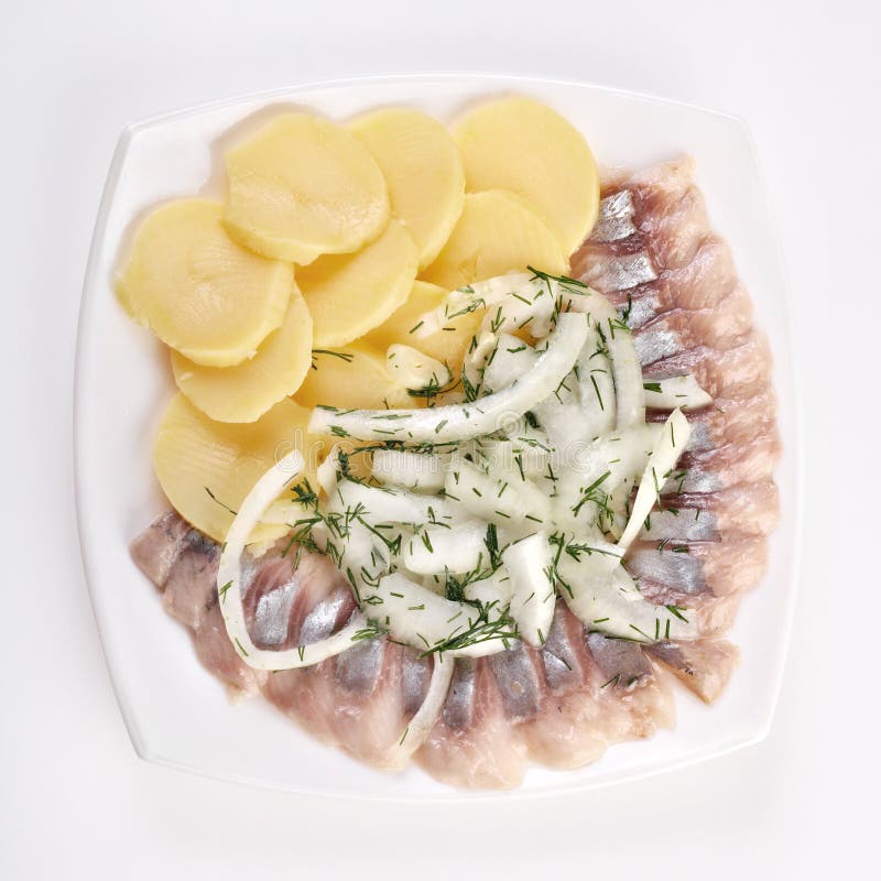 Salted Herring Slices with Boiled Potato Stock Photo - Image of ...