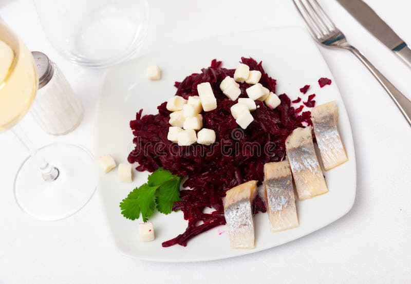 Beetroot Served with Cheese and Pickled Mackerel Stock Photo - Image of ...