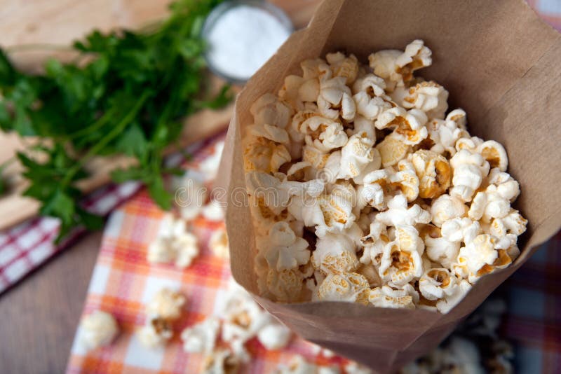 Salted Popcorn in a Paper Bag Close Up Stock Image - Image of food ...