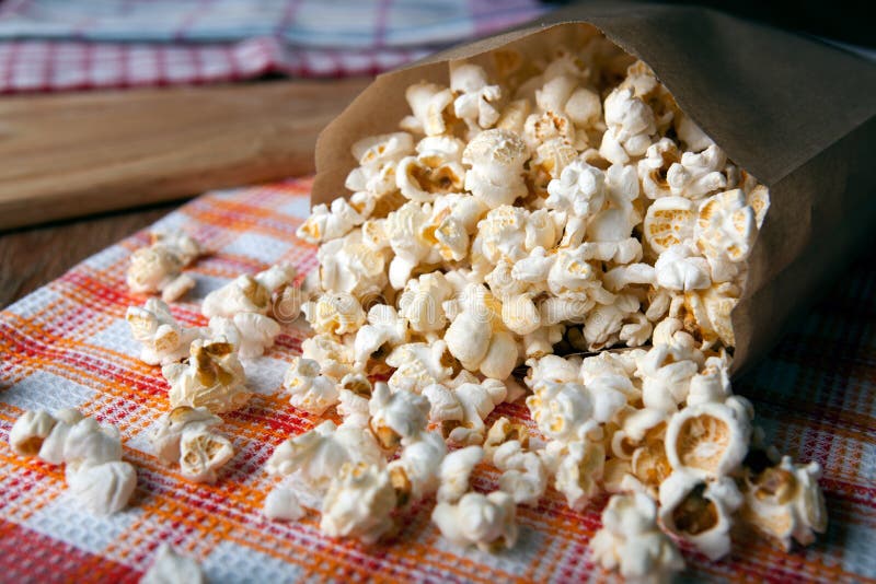 Salted Popcorn in a Paper Bag Close Up Stock Photo - Image of fastfood ...