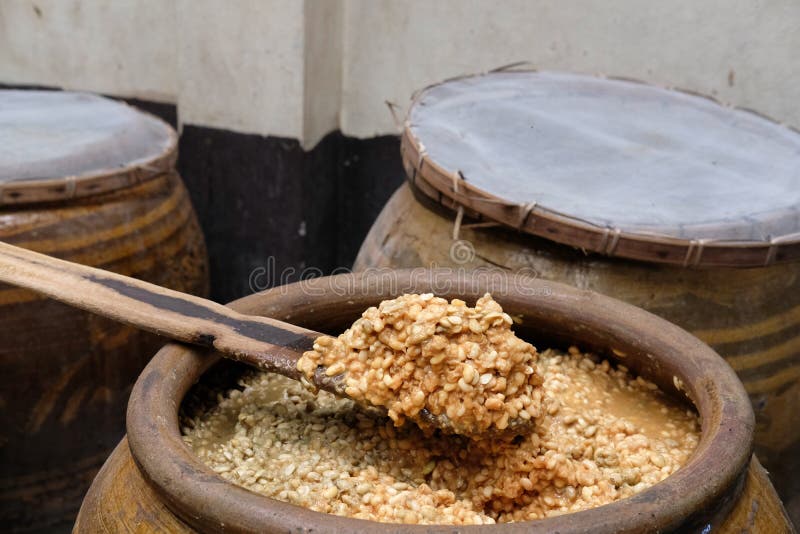 Salted Soybean Paste in Jar. Soy Miso Production Stock Image - Image of ...