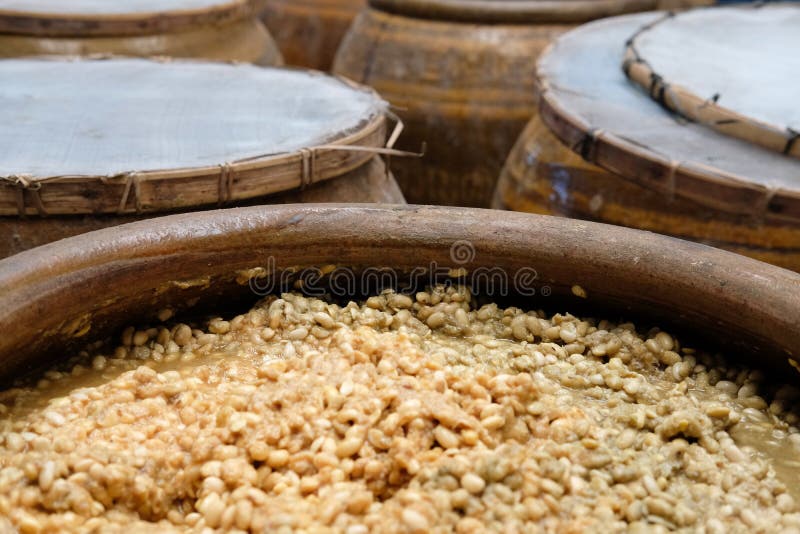 Salted Soybean Paste in Jar. Soy Miso Production Stock Image - Image of ...