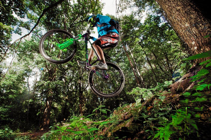 Cavaliere Nell'azione Allo Sport Del Mountain Bike Salti Su Un Mountain ...