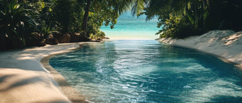 Saltwater Pool with Sandy Beach Entry Surrounded by Lush Greenery at ...
