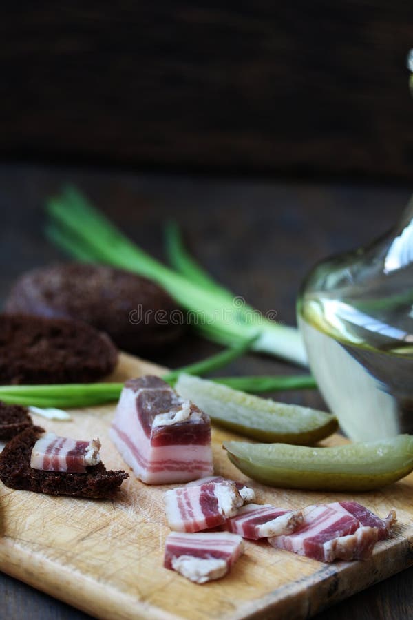 Salty Bacon Appetizer Russian Vodka Stock Photo - Image of chives, food ...