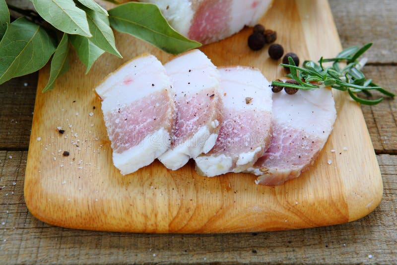 Salty Bacon Pieces on the Board Stock Image - Image of slice, italian ...