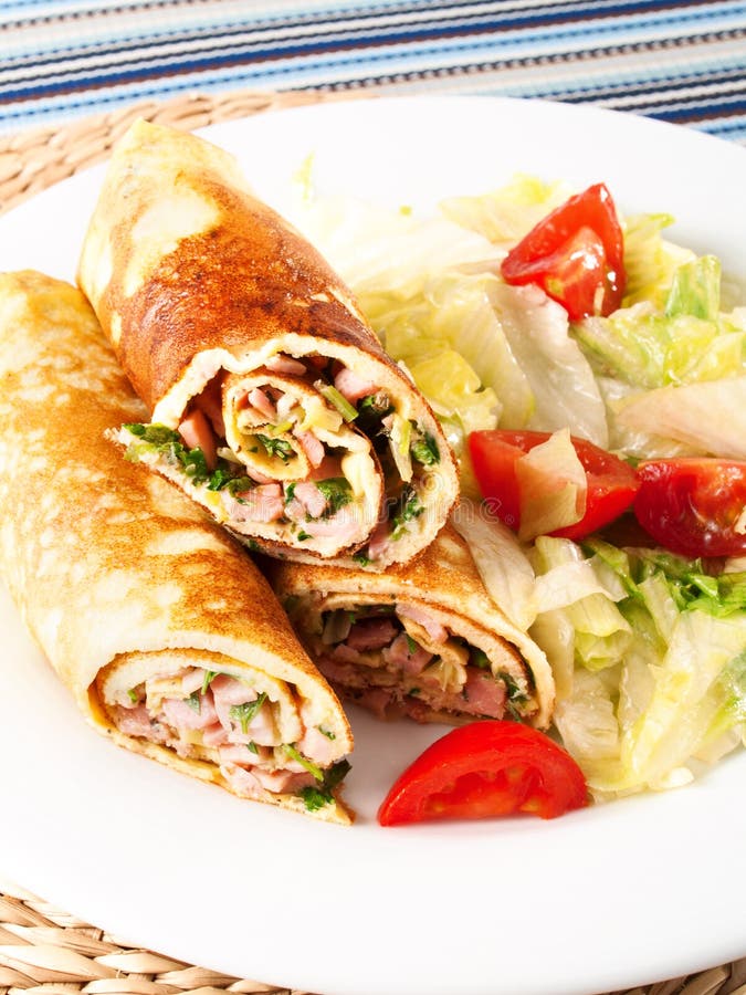 Salty pamcakes with ham stock photo. Image of indoors - 49343952