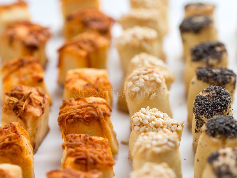 Salty Party Snacks Stands in a Row. Closeup Details. Stock Image ...