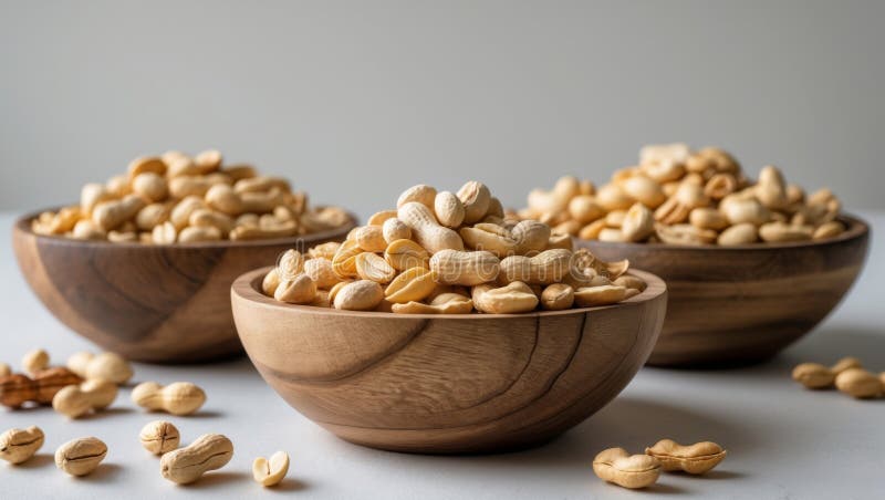 Salty Peanuts Roasted and Shelled in Three Wooden Bowls Stock Photo ...