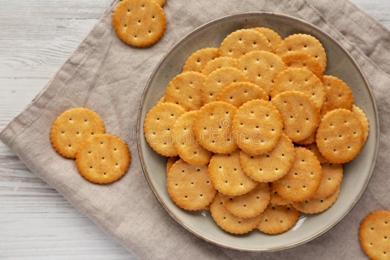 Salty Round Crackers on a Plate, Top View. Flat Lay, Overhead, from ...