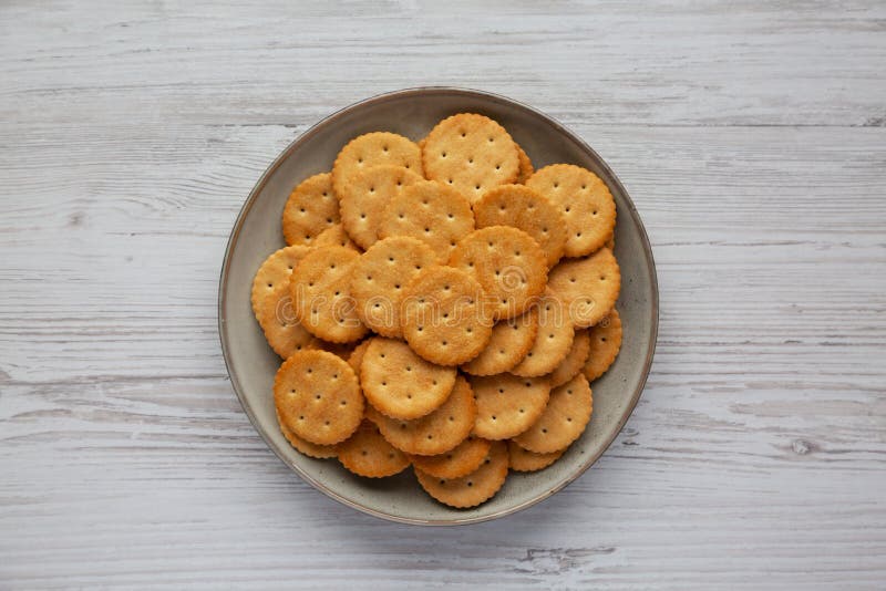Salty Round Crackers on a Plate, Top View. Flat Lay, Overhead, from ...