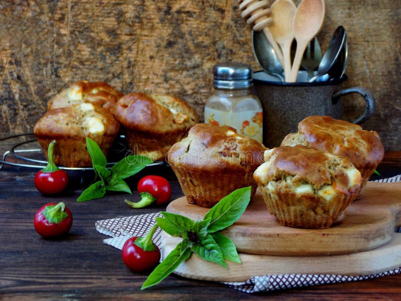 Salty Snack Muffins with Feta, Pepper and Basil Stock Image - Image of ...