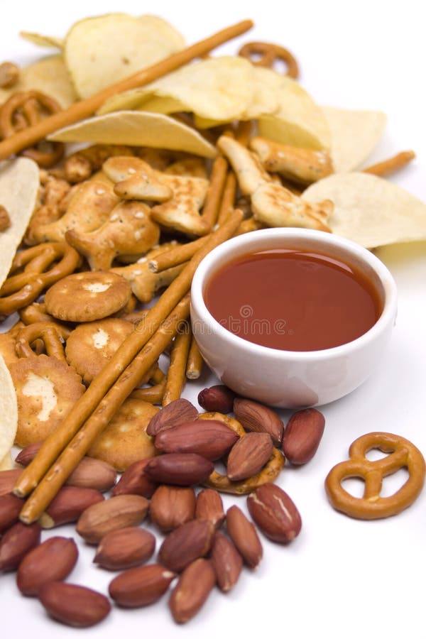 Salty Snacks Crackers, Pretzels in Bowls. Party Food. Stock Image ...