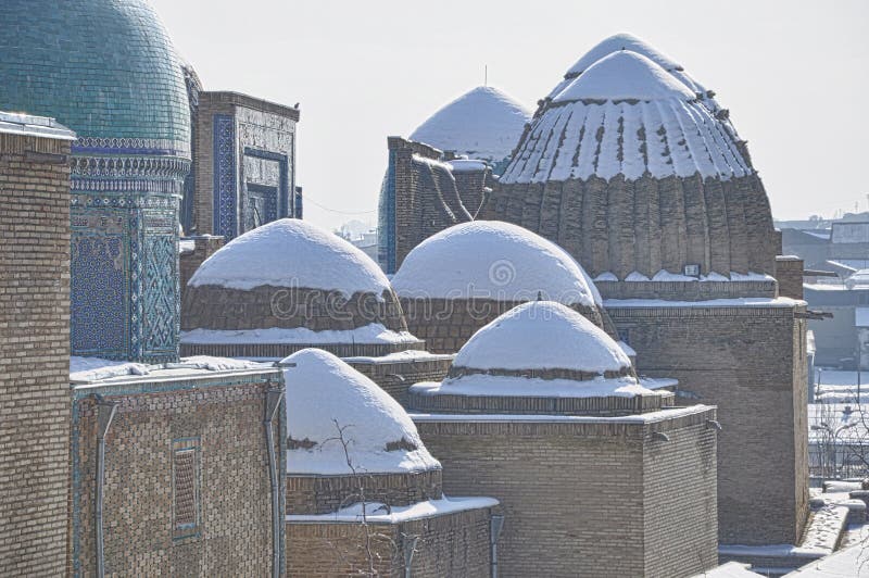 Samarkand. Blue Domes in Winter Stock Photo - Image of memorial, snow ...