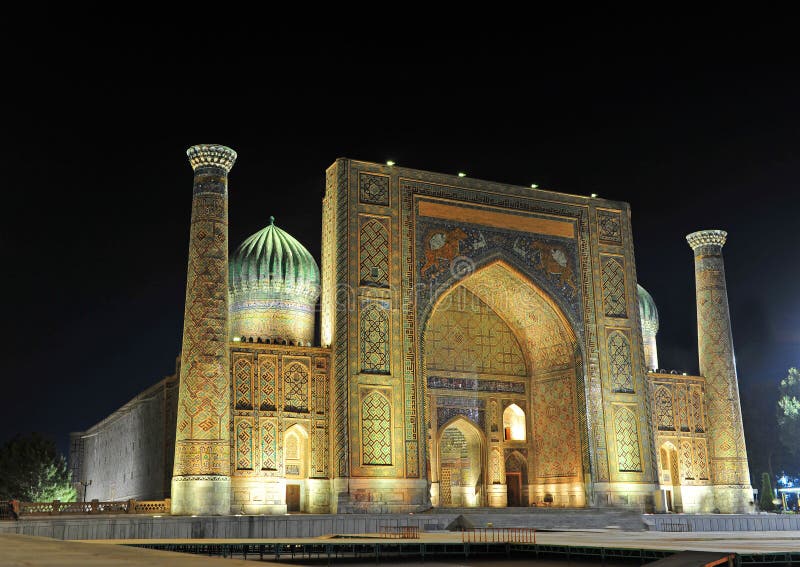 View To Registan Square at Night in Samarkand Uzbekistan Stock Photo ...