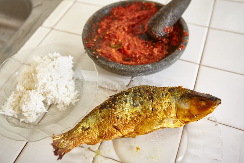 Sambal, Fried Fish and Steam Rice Stock Photo - Image of preparation ...